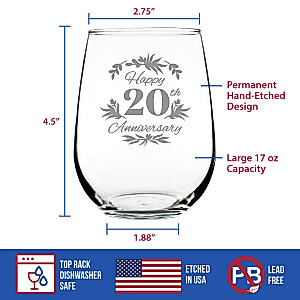 Happy 20th Anniversary - Stemless Wine Glass Gifts for Women & Men - 20 Year Anniversary Party Decor - Large Glasses