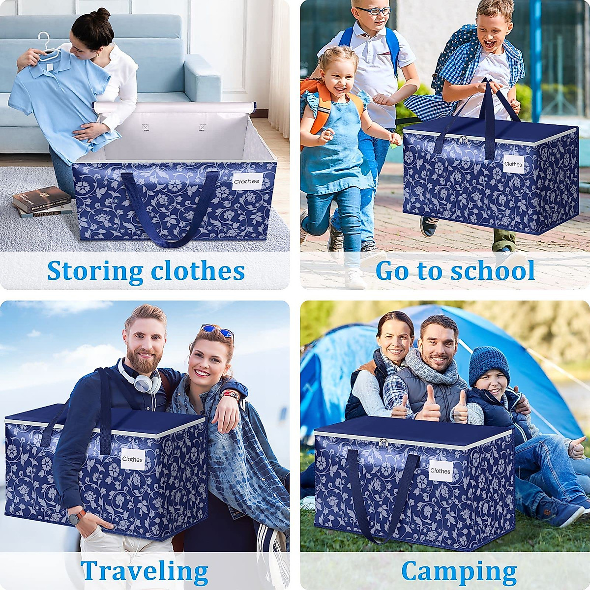 HomeHacks Moving Bags, Extra Large Size Moving Boxes, Heavy Duty Luggage Bags with Smooth Zipper and Sturdy Handles, Large Capacity & Easy Loading Storage Totes for Space Saver 88L, 6-Pack, Blue