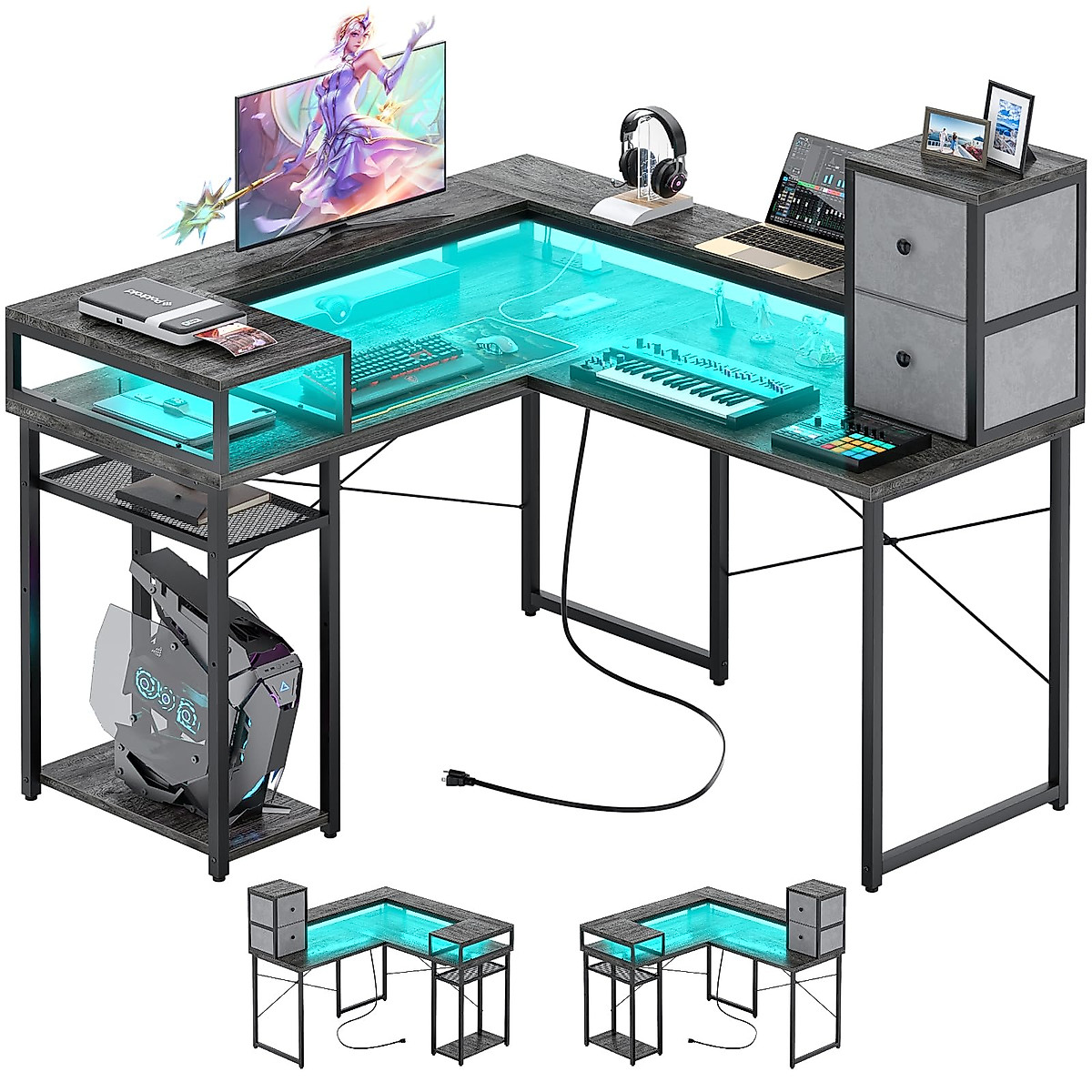 armocity L Shaped Desk with Drawers, Reversible Corner Computer Desk with LED Light & Power Outlet, 50'' L-Shaped Gaming Desk with Long Monitor Shelf, Home Office Desk for Small Corner Space, Grey