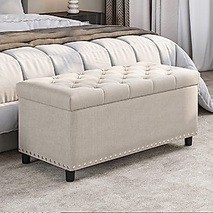BELLEZE 35 Inch Button-Tufted Ottoman Linen Storage Bench with Safety Close Hinge for Living Room, Entryway, Hallway, Foot Rest, Support 300lbs - Beige