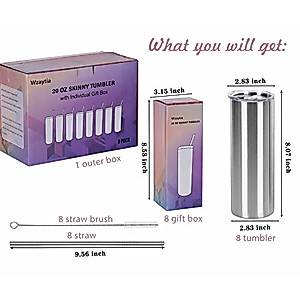 Wzaytia 8 Pack 20 Oz Straight Skinny Tumblers, Individually Gift Boxed Stainless Steel Slim Skinny Tumbler Set Bulk, 20 Oz Insulated Slim Thin Travel Tumbler Cup for Diy, Silver