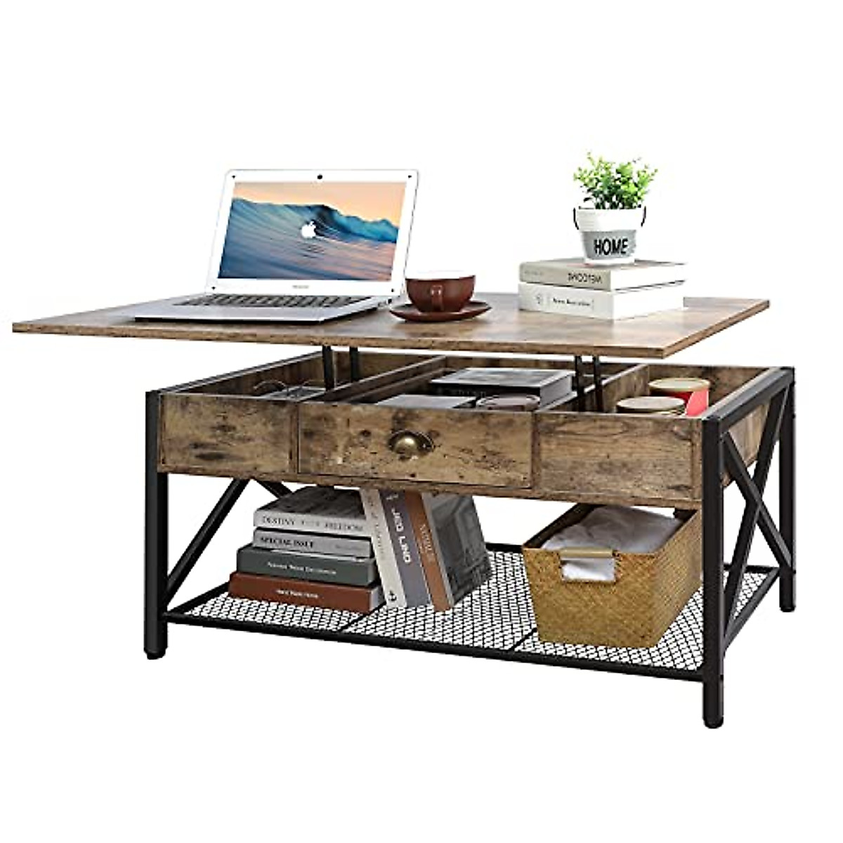 Coffee Table, Lift Top Coffee Table with Storage Shelf and 2 Hidden Compartment + 1 Drawer, Retro Central Table with Wooden Lift Tabletop for Living Room Home Office,Rectangle(Brown)