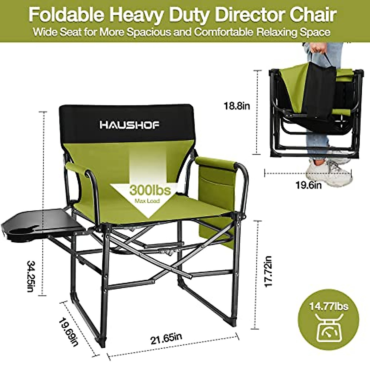 HAUSHOF Camping Chair with Side Table and Storage Pockets, Portable Folding Directors Chair, Heavy Duty Camp Chair for Adults Outdoor Fishing Beach, Green