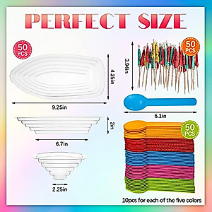 Clear Plastic 8 oz Banana Split Boat Bowls Set Disposable Reusable Banana Split Plate Include Ice Cream Sundae Splits Bowl Paper Umbrellas and Spoons for Parties Serving Sauces Candy Salad (50 Set)