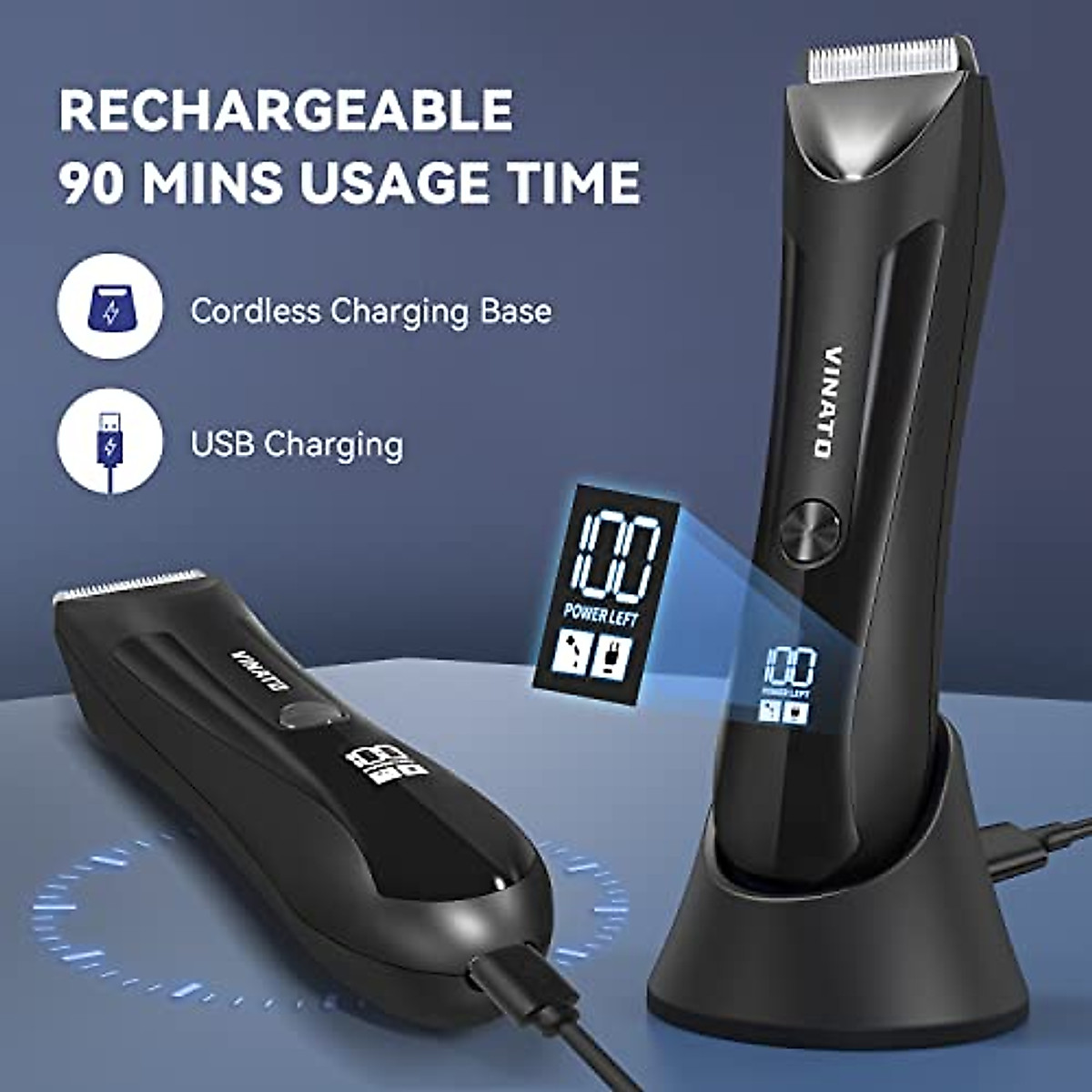 Electric Body Hair Trimmer Shaver - VINATO Waterproof Groin Hair Trimmer for Men Ball Shaver USB Recharge Dock Body Grooming Kit Replaceable Ceramic Blade Male Hygiene Razor - 90 Mins Battery Life