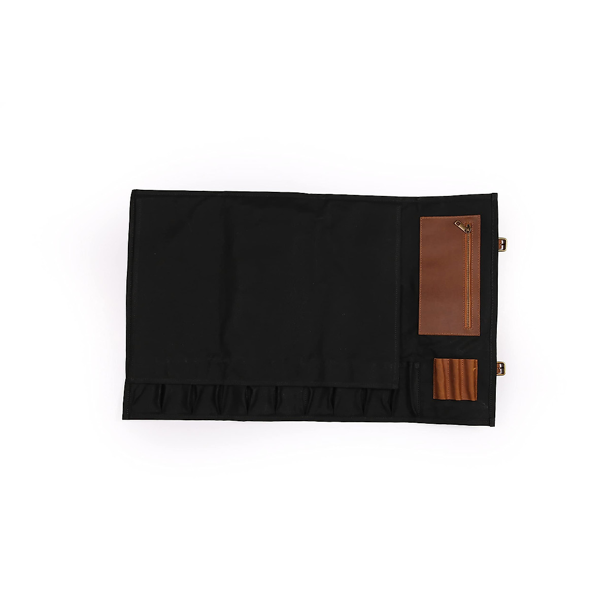FAFOKitchen-Knife Roll - 12oz Heavy Duty Waxed Canvas & Top Grain Leather Roll Bag – 10 Slots - Interior and Rear Zippered Pockets – Carry Strap