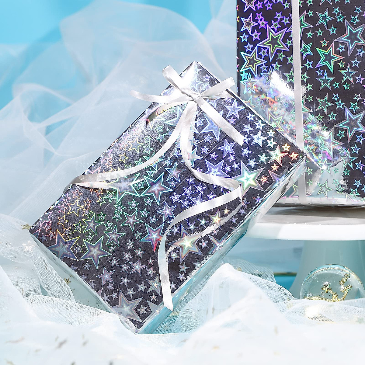 MAYPLUSS Holographic Wrapping Paper - Mini Roll - 17 Inch X 32.8 Feet- Metallic Green Foil Design (47.3 sq.ft.ttl)