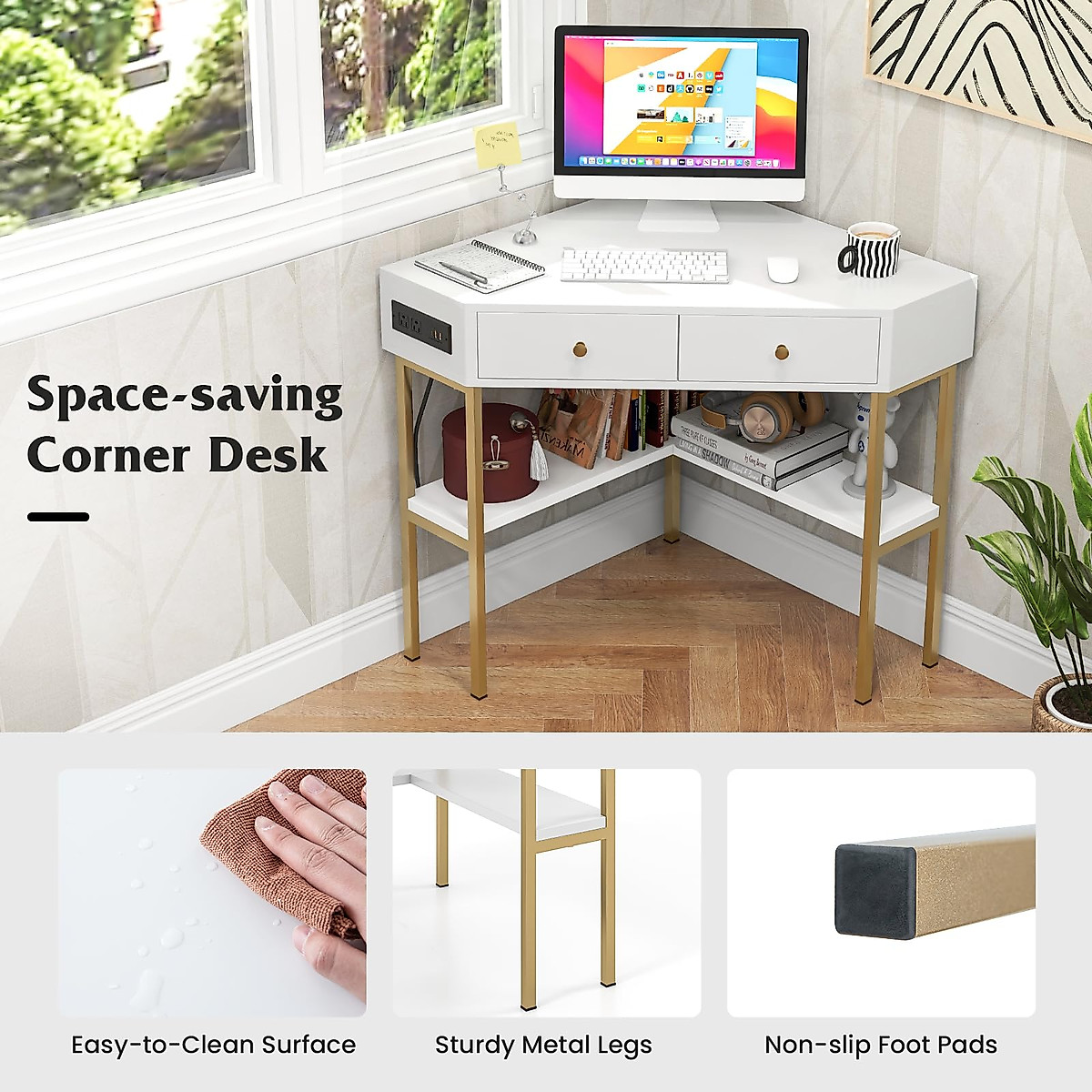 Tangkula White Corner Desk with 2 Drawers & Built-in Charging Station, 90 Degrees Triangle Corner Computer Desk for Small Space, Bedroom Makeup Vanity Desk with Storage Shelves, Corner Writing Desk