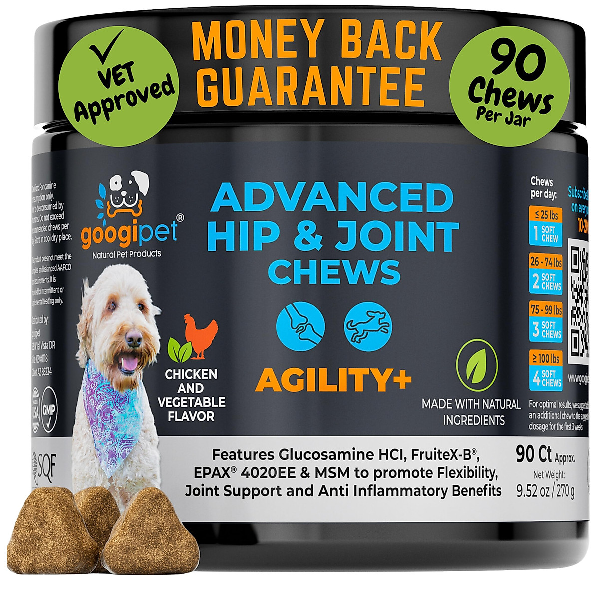 Googipet Hip and Joint Supplement for Dogs - Glucosamine for Dogs – Soft Chews w/Green Lipped Mussels for Dogs, Turmeric for Dog Arthritis & Mobility for All Ages & Breeds