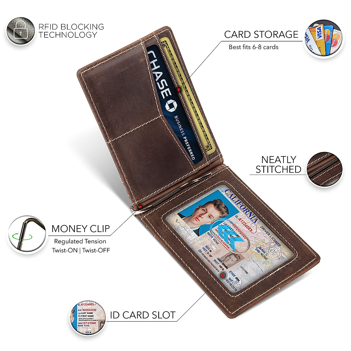 SERMAN BRANDS RFID Blocking Wallet Slim Bifold - Genuine Leather Minimalist Front Pocket Wallets for Men with Money Clip Gift (Texas Brown Rogue)