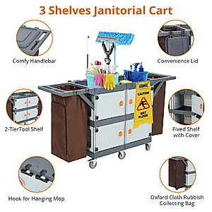 Commercial Janitorial Cart with Cabinet, Hotel Cart Housekeeping Room Service Cart Hand Push Utility Cart