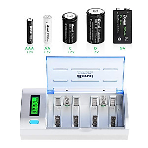 BONAI Rechargeable C Batteries 5000mAh 4-Counts with LCD Battery Charger for C D AA AAA 9V Ni-MH Ni-CD Batteries with D Cells 10,000mAh 1.2V Ni-MH High Capacity High Rate Battery 4 Pack