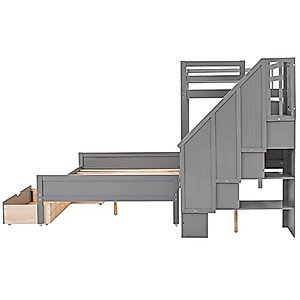 DEYOBED Twin Over Full Wooden Bunk Bed with Storage Shelves Drawers and Staircase for Kids Teens Adults