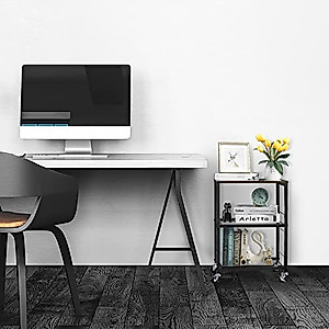 MOOACE Rustic 3 Tier End Table with Wheel,Side Table Nightstand Storage Shelf for Bedroom,Kitchen,Living Room and Office, Stable Metal Frame,Wood Top, Easy Assembly - Brown&Black