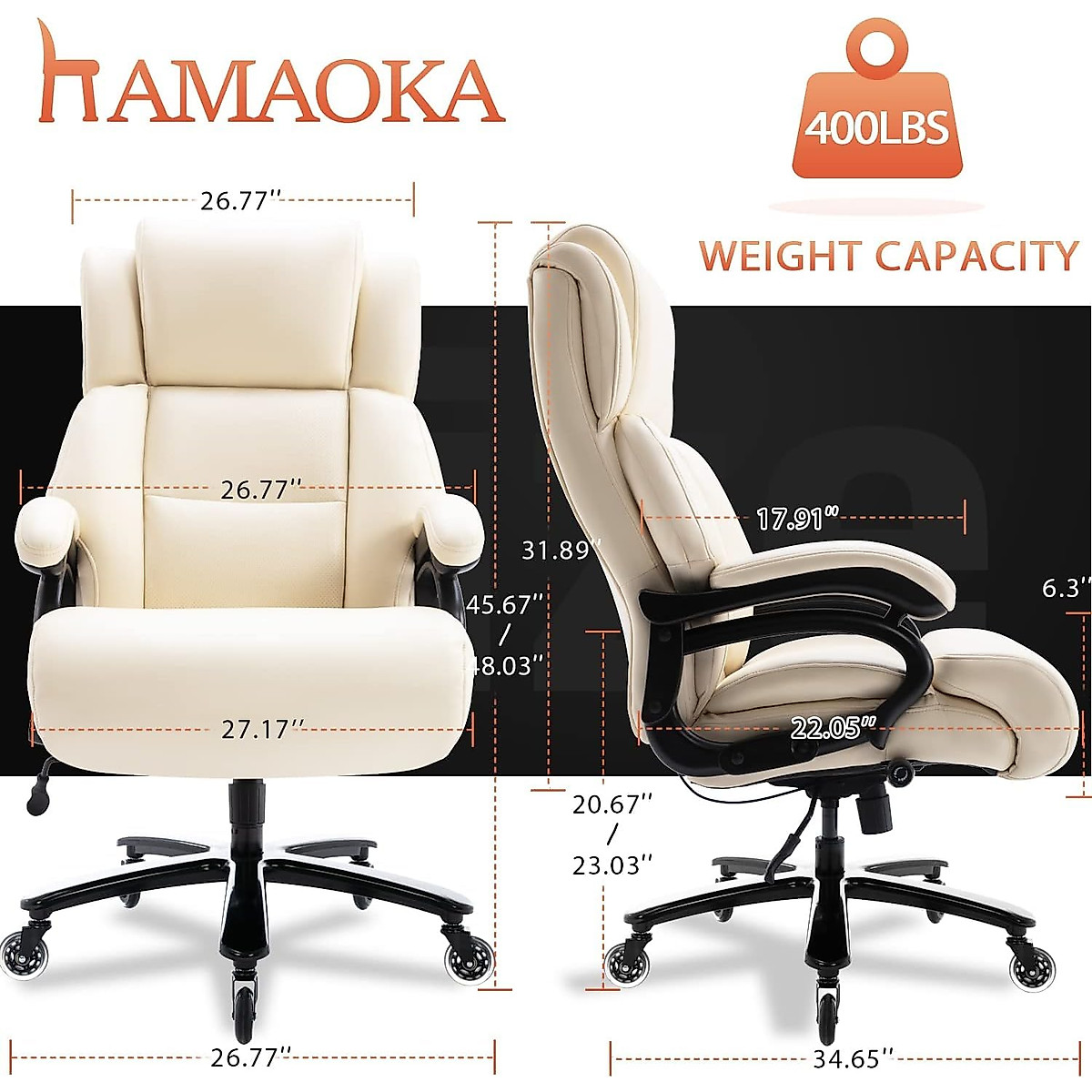 Big and Tall 400lbs Office Chair - Adjustable Lumbar Support Heavy Duty Metal Base Quiet Rubber Wheels High Back Large Executive Computer Desk Swivel Chair, Ergonomic Design for Back Pain, Beige