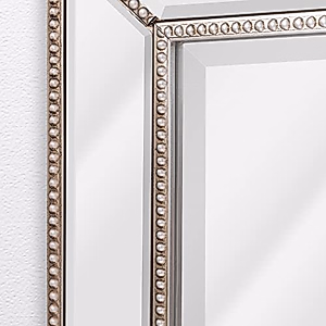 Head West Champagne Silver Metro Beaded Glass Framed Vanity Mirror for Bathroom - Large Beveled Edge - Wall Mirror with 4 D-Ring Hangers for Horizontal & Vertical Installation - 24"x 36"