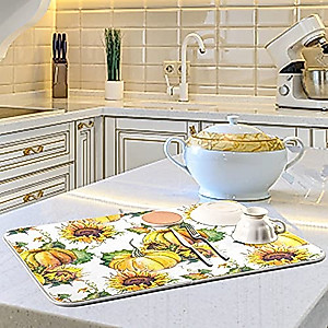 susiyo Autumn Pumpkins Sunflowers Dish Drying Mat for Kitchen, 18x24 inch Absorbent Dishes Drainer Pad for Kitchen Countertop