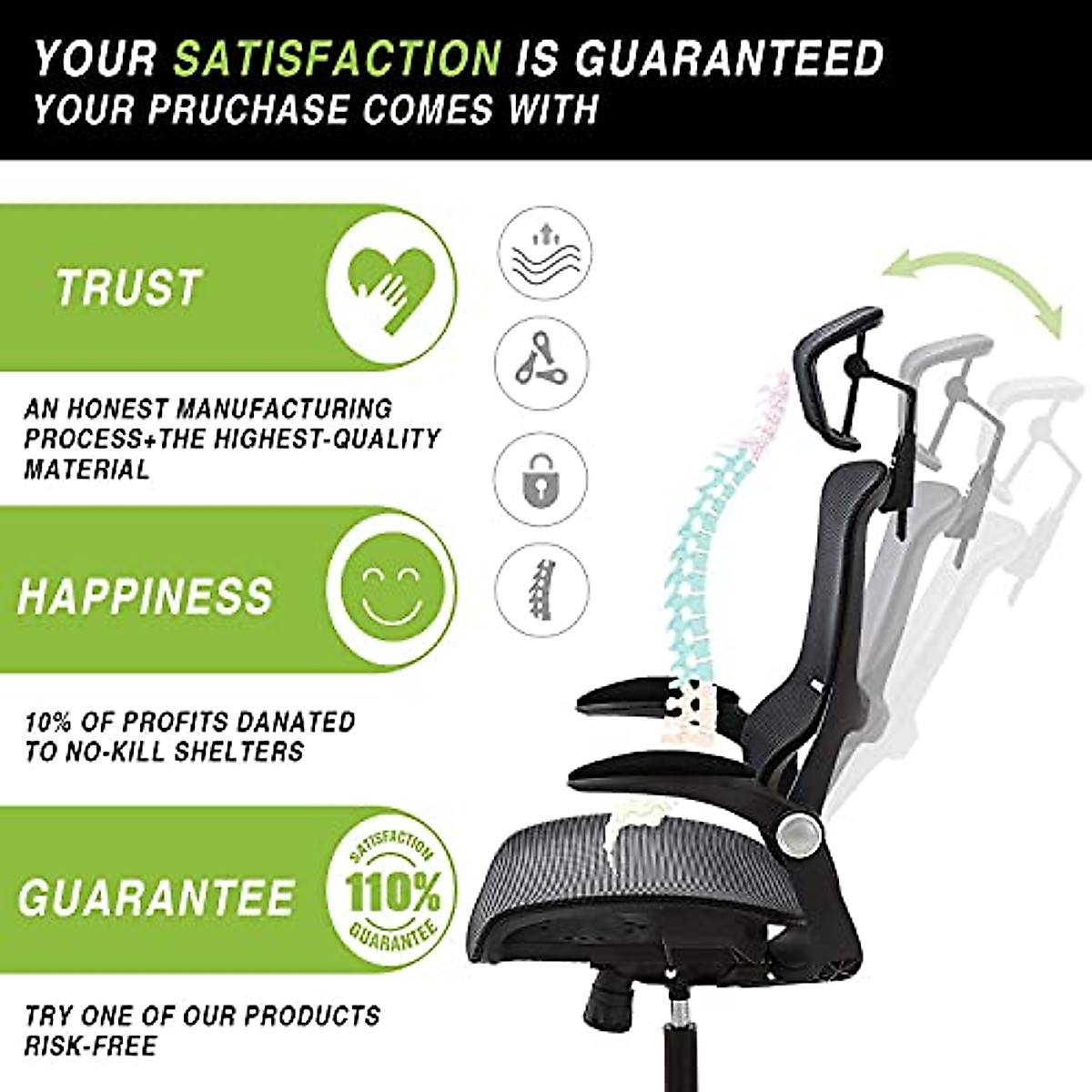 Office Chair Ergonomic Desk Chair - Curved Linear Mesh Seat Lumbar Support HighBack Computer Chair with Headrest Flip-up Armrests, Adjustable Height & Tilt Home Chairs, Swivel Executive Task Chair