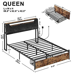 IRONCK Queen Bed Frame with Drawers, Ergonomic Storage Headboard with Charging Station, LED Light, Solid and Stable, No Box Spring Needed
