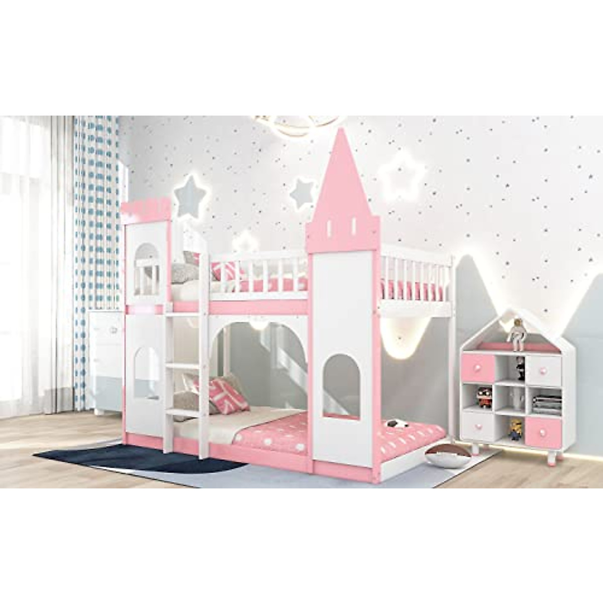 BOVZA Castle Bed Kids Bunk Bed Twin Over Twin with Ladder and Safety Guardrails for Girls Boys, Pink