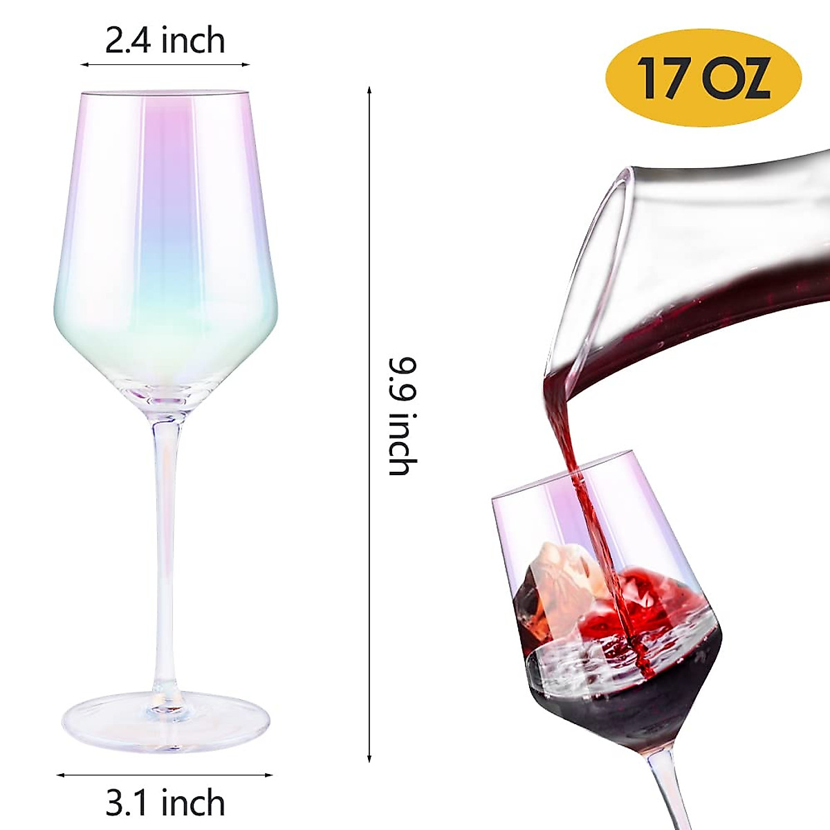 Gutsdoor Wine Glasses Set of 2 Crystal Red Wine Glasses Iridescent White Wine Glasses Long Stem Large 17 Ounce Wine Glass Hand Blown for Wedding, Anniversary, Christmas, Birthday, Gifts