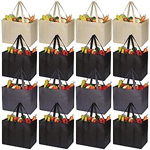 DIOMMELL 16 Pack Reusable Grocery Bags Large Foldable Heavy Duty Shopping Tote Produce Bag with Reinforced Handles for Groceries Clothes Vegetables Fruit, Black Gery Beige