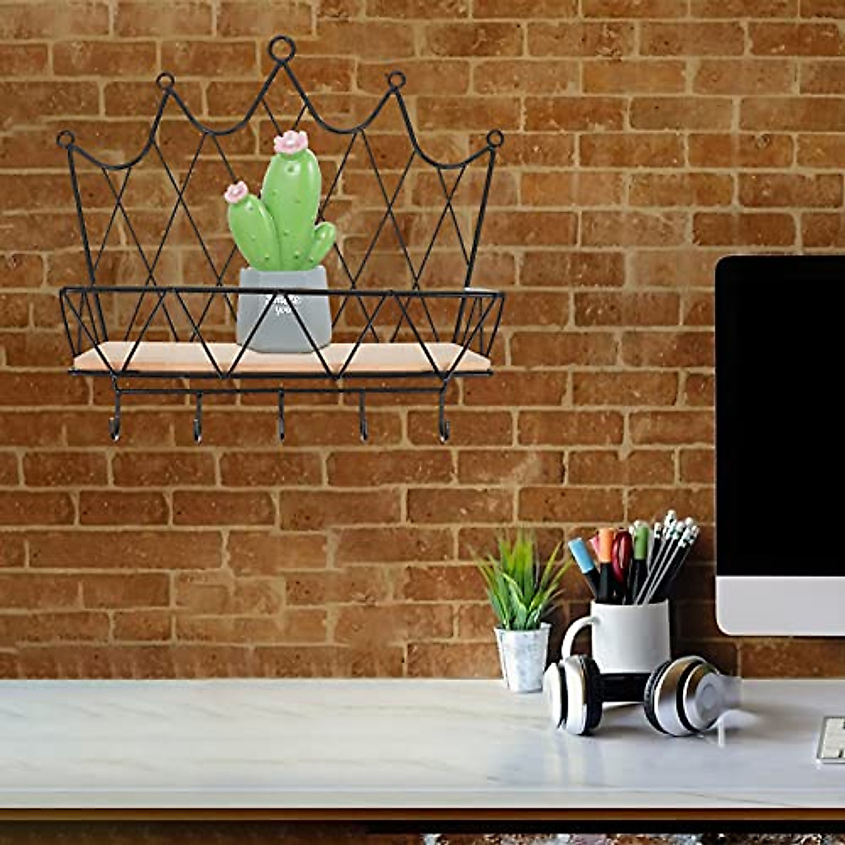 Garneck Rustic Floating Shelves Crown Shaped Wall Shelf Wrought Iron Entryway Key Holder Wall Organizer Sculpture Vase Storage Rack for Home Office