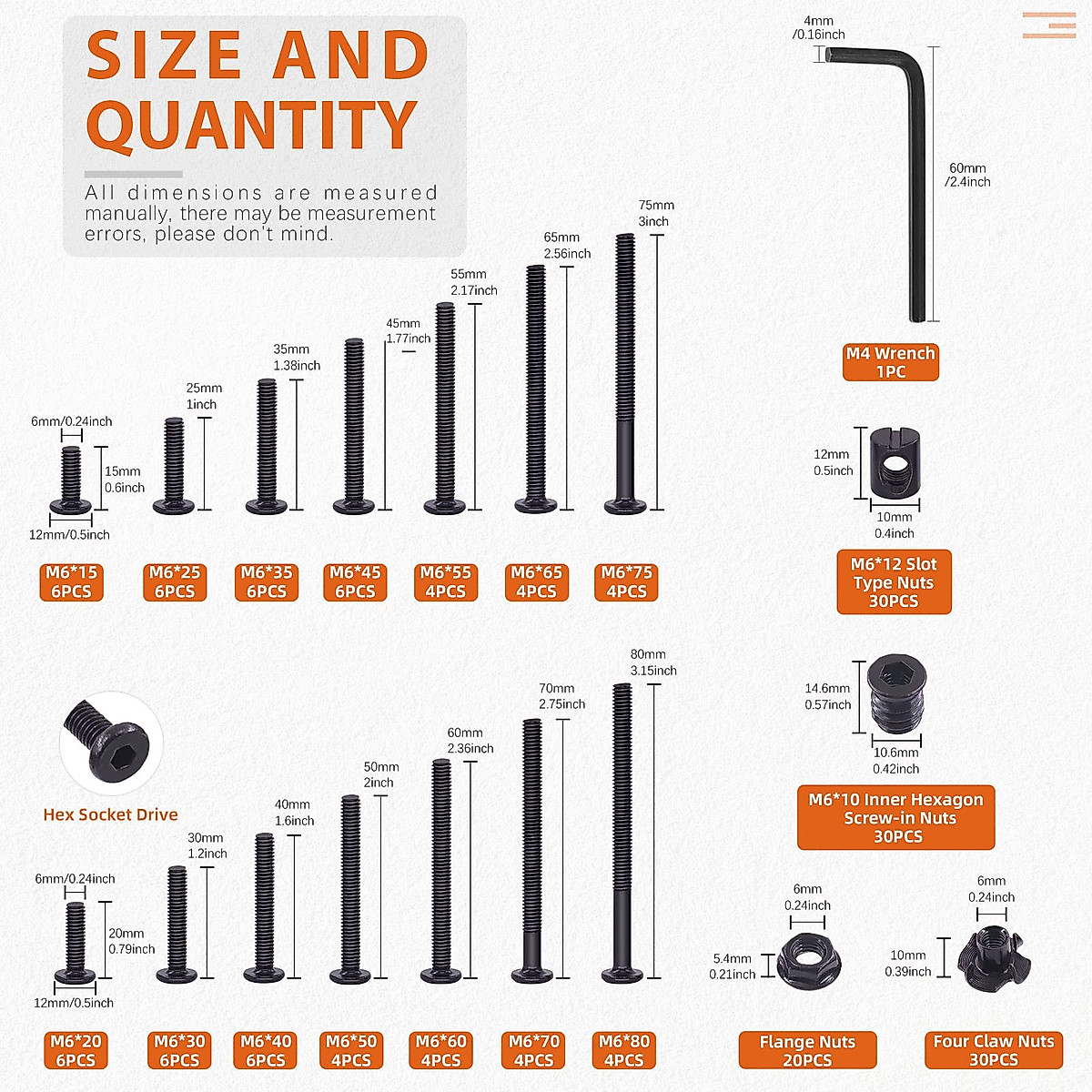 Rustark 181Pcs M6 x 15-80mm Black Crib Screws Hardware Replacement Kit Zinc Plated Hex Socket Head Cap Bolts Thread Nutsert Barrel Nuts T-Nuts and Flange Nuts Assortment Kit for Crib Beds Furniture