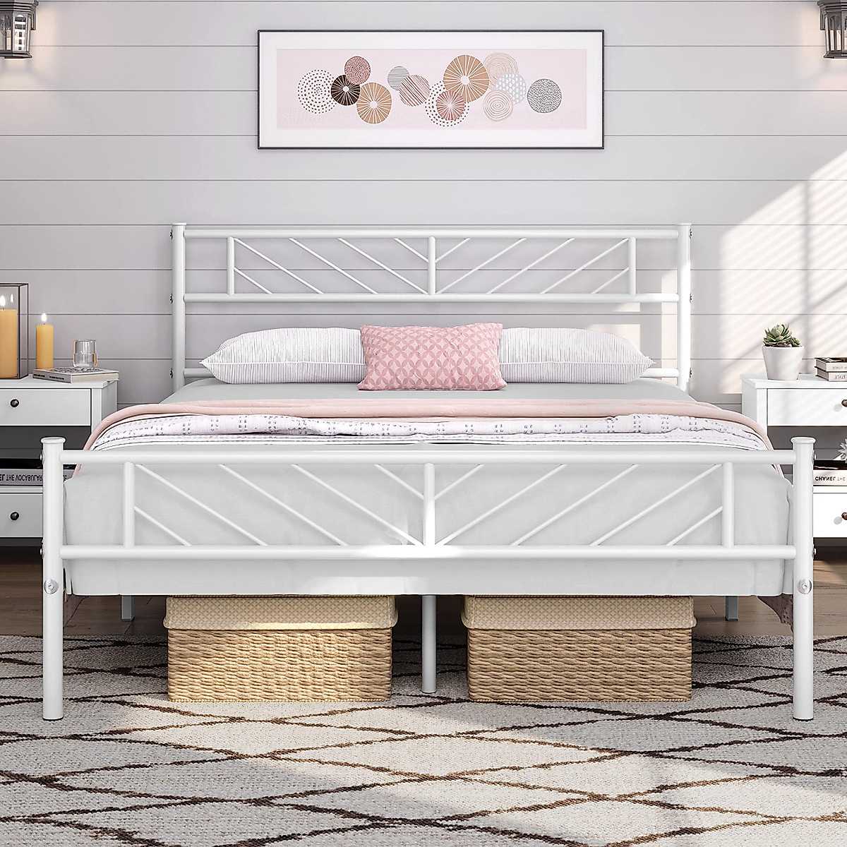 Yaheetech Full Size Platform Bed Frame with Arrow Design Headboard, 13 Inches Metal Mattress Foundation for Storage, No Box Spring Needed, Easy Assembly, Modern, White
