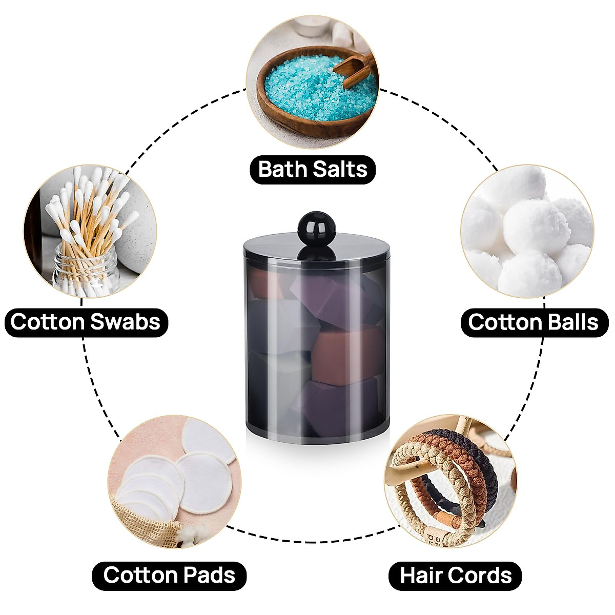 XIPENGKEJI 2 PACK Qtip Holder-10 oz, 12 oz, Qtip Holder Dispenser for Bathroom Canister Storage Organization, Vanity Makeup Organizer, for Cotton Ball, Cotton Swab, Cotton Rounds,Floss Picks.(Black)