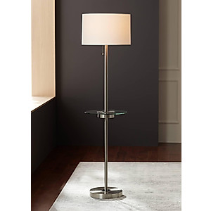 360 Lighting Caper Modern Floor Lamp with Tray USB and AC Power Outlet on Table Glass 60.5" Tall Satin Nickel White Fabric Drum Shade for Living Room Reading House Bedroom