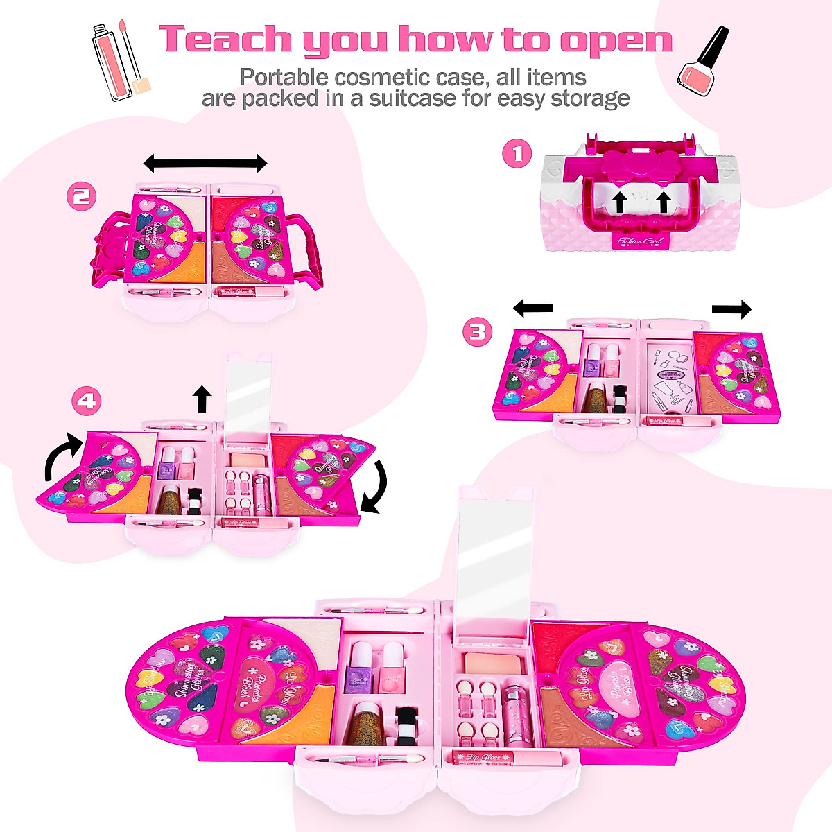 Kids Makeup Kit for Girls, 60 Pcs Little Girls Princess Toys Real Washable Pretend Play Cosmetic Beauty Makeup Set, Non-Toxic & Safe, Birthday Gifts Toys for 3 4 5 6 7 8 9 10 Year Old Girls Toddlers