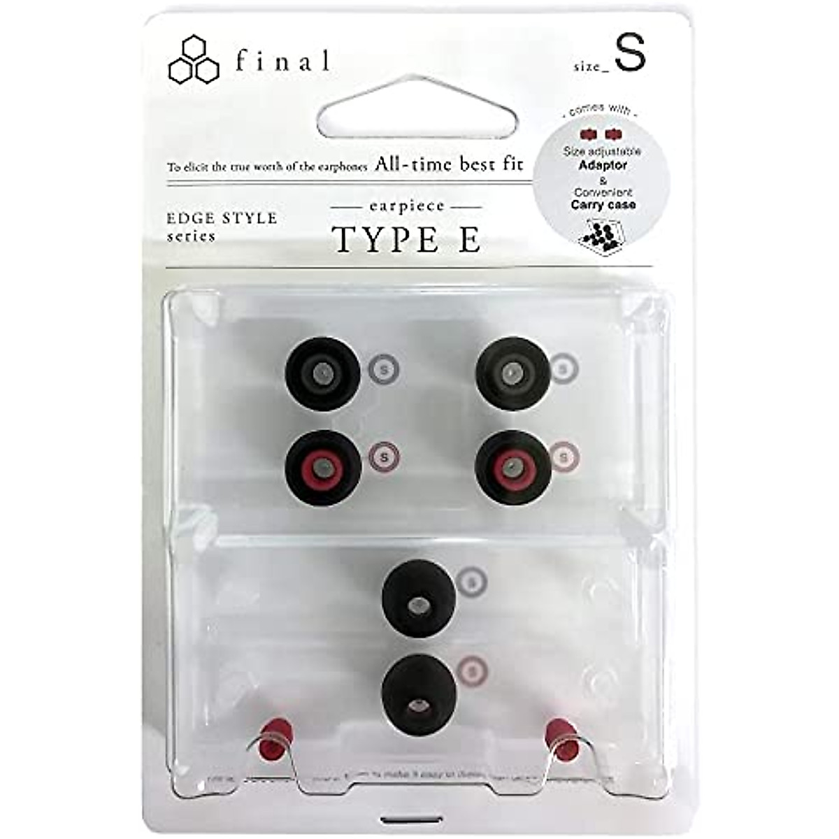 Final Audio Black+Black/Red Silicone Type E Eartips kit with Case and Nozzle Adapter Compatible with 1More, AKG, Audio-Technica, Beats by Dre, Campfire Audio, Empire Ears, Shure, Sony, Westone (Small)