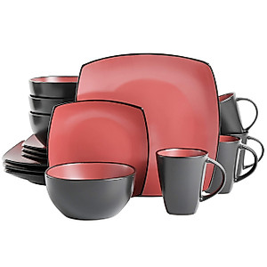 Gibson Soho Lounge Square Reactive Glaze Stoneware Dinnerware Set, Service for 4 (16pc), Matte Red