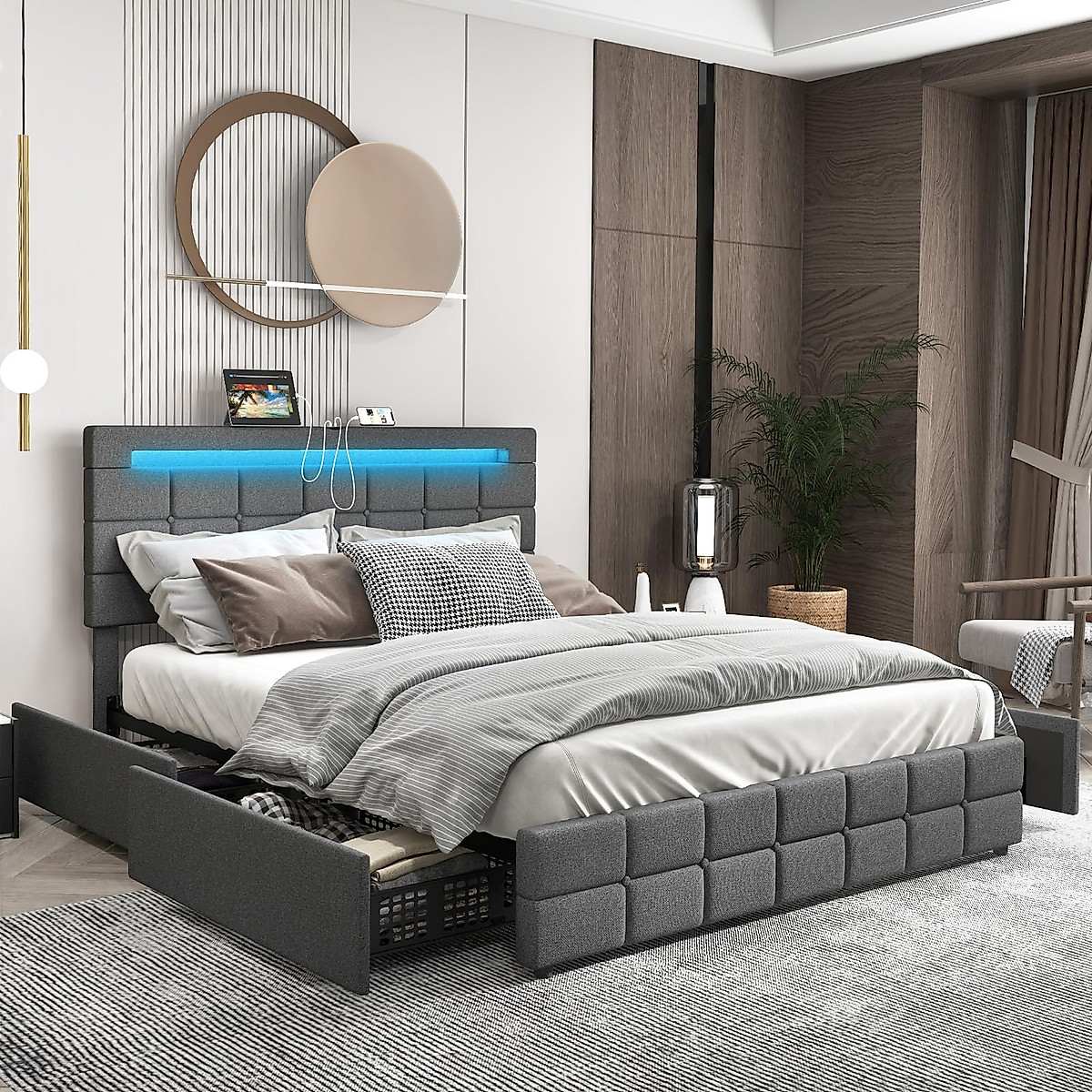 KOMFOTT Queen Bed Frame with Charging Station & LED Lights, Upholstered Platform Bed Frame with Adjustable Headboard & 4 Storage Drawers, Solid Wooden Slats Support, No Box Spring Needed, Noise Free