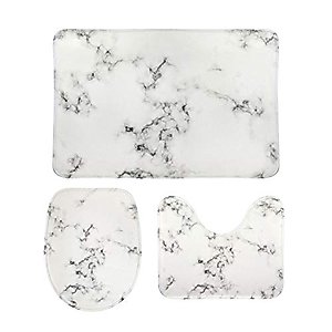 Apular Fashion 3 Piece Bath Rugs Set White Marble Pattern Printed Non Slip Ultra Soft Bathroom Mats, U Shape Mat and Toilet Lid Cover Mat Bath Mats
