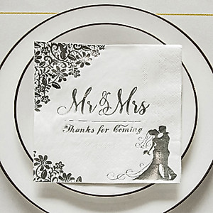 Silver 100 Pcs Wedding Napkins for Reception Mr and Mrs Wedding Cocktail Napkins, Disposable Napkins for Wedding, Engagement, Bridal Shower Party Decorations