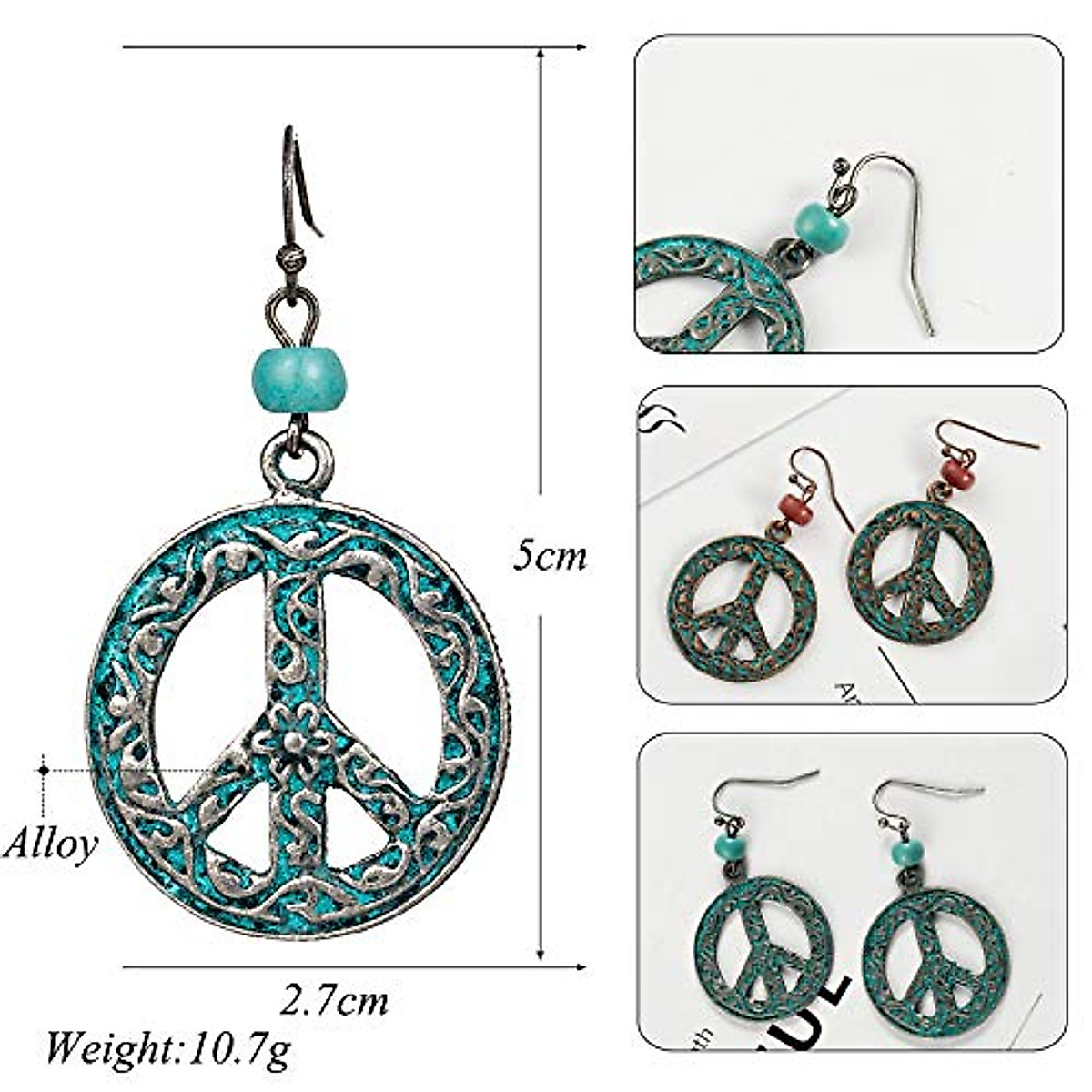 Antique Vintage Bronze Round Peace Love Sign Symbol Hook Earring Carving Filigree Flower Drop Earring Women Jewelry (Retro Blue)