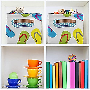 susiyo Large Foldable Storage Bin Summer Flip-Flops Fabric Storage Baskets Collapsible Decorative Baskets Organizing Basket Bin with PU Handles for Shelves Home Closet Bedroom Living Room-1Pack