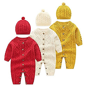 JunNeng Baby Newborn Cotton Knitted Sweater Romper Longsleeve Outfit with Warm Hat Set,Beige,3-6 Months