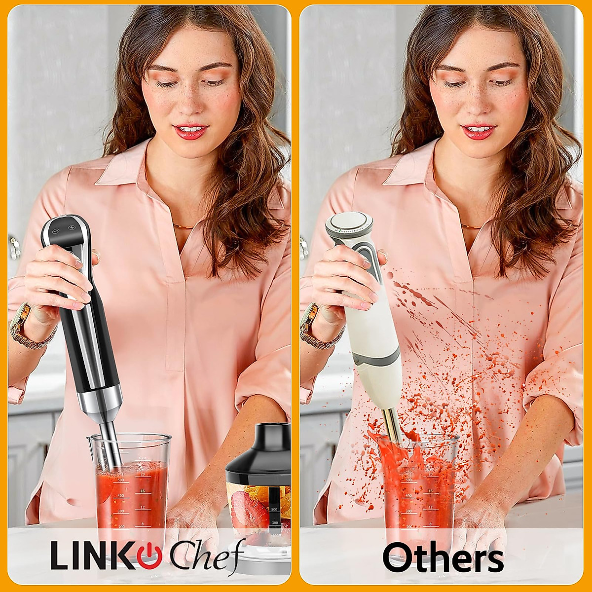 LINKChef Immersion Blender 800W Scratch Resistant Hand Blender, Anti-splash Handled Blender with LED Touch Display, Immersion Hand Blender with Chopper, Beaker, Whisk, Storage Stand