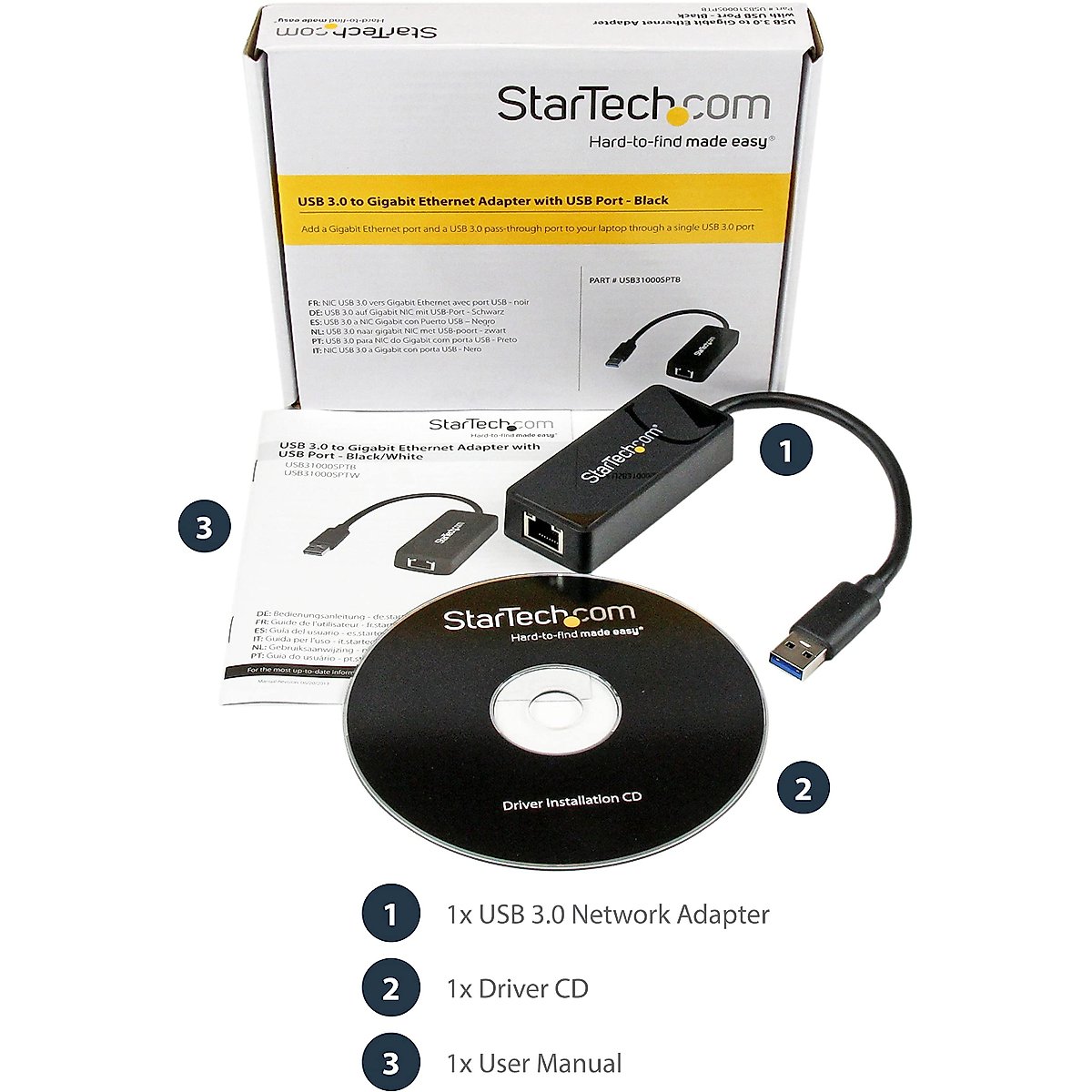 StarTech.com USB 3.0 Ethernet Adapter - USB 3.0 Network Adapter NIC with USB Port - USB to RJ45 - USB Passthrough (USB31000SPTB), Black, 0.7" x 1.4" x 5" x 5"