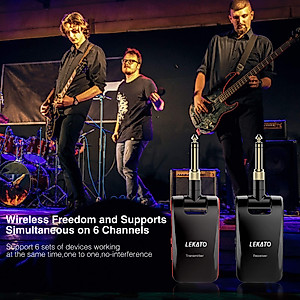 LEKATO Wireless Guitar System 2.4GHz Rechargeable Audio Wireless Transmitter Receiver 6 Channels for Guitar Bass Electric Instruments, Stereo and Mono 1/4” & 1/8” 2 in 1 Plugs,Black(WS-60)