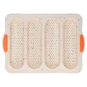 Silicone Baguette Mold 4 Grooves Nonstick French Bread Mold with 2 Handles Smooth Surface Bread Baking Roll Pan Kitchen Tool for Toast Loaf Sandwich(Beige)