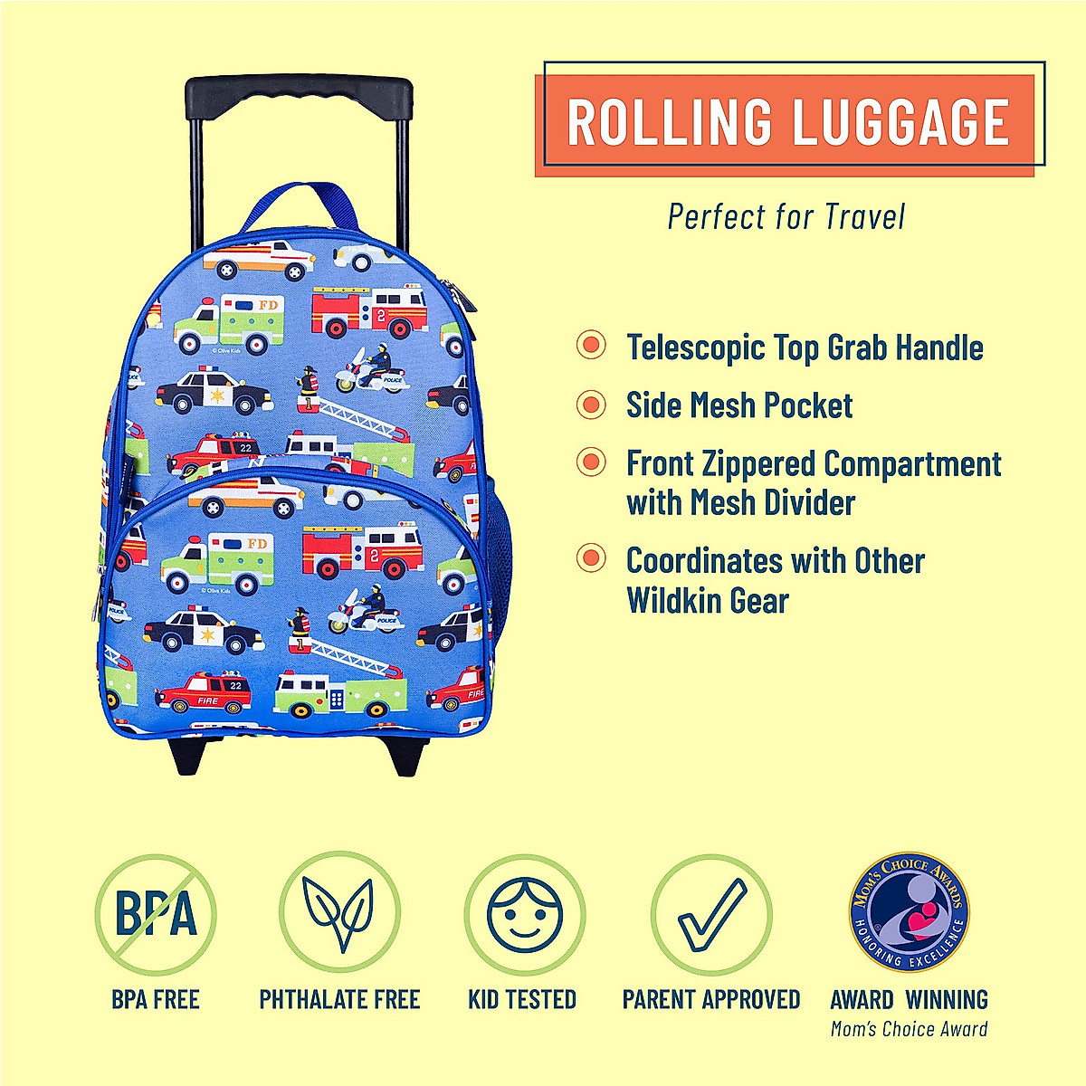 Wildkin Kids Rolling Luggage for Boys and Girls, Carry on Luggage Size is Perfect for School and Overnight Travel, Measures 16 x 12 x 6 Inches (Heroes)