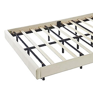 Velvet Upholstered Full Bed Frame with Smart LED and Elegant Flowers Headboard, Platform Bed with Wooden Slats Support for Kids, Boys, Girls, Teens, Adult, No Box Spring Needed (Beige, Full)