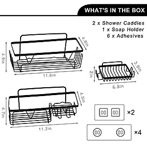 KEGII 3 Pack Adhesive Shower Caddy Shelf Organizer with Soap Holder, Black Shower Wall Rack Storage Shampoo Holder Bathroom Organizer No Drilling for Kitchen, RV, Apartment Essentials