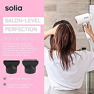Solia Hair Dryer with Concentrator & Concentrator Comb, 1400W Ionic Blow Dryer, Constant Temperature Prevents Damage, Lightweight Portable Hairdryer ( White Rose)