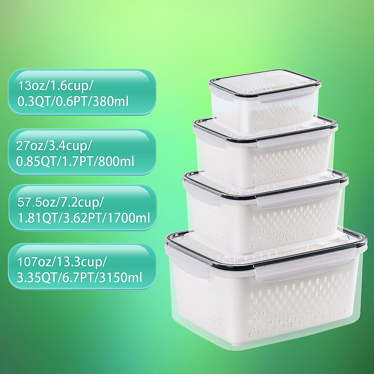 4 PCS Fruit Storage Containers for Fridge with Removable Colander,Airtight Leakproof Food Storage Container,Dishwasher Safe Produce Saver Container for Refrigerator,Keep Fruits Vegetables Fresh Longer