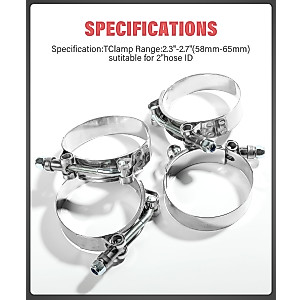 Zlirfy 4PCS T-Bolt Hose Clamps,Stainless Steel Intercooler Pipe Tube Clamps,Turbo Pipe Clamps,Adjustable Turbo Intake Intercooler Hose Clamp,Suitable for Intake system,Intercooler (4 Pcs, 2.0")